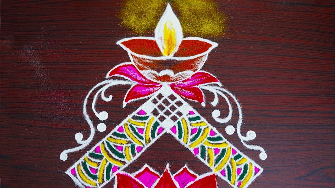 Simple deepam kolam with 5x1 dots - lotus rangoli for pongal - color ...