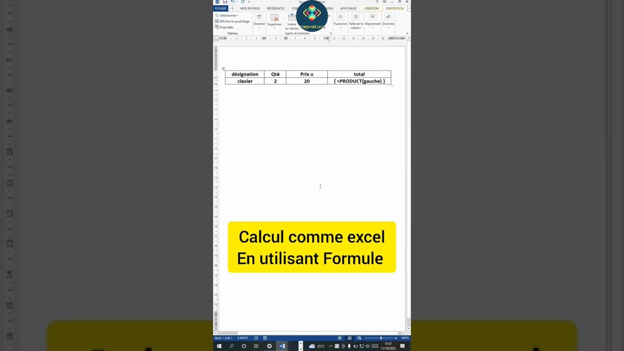 calcul sur word comme excel en utilisant formule - YouTube