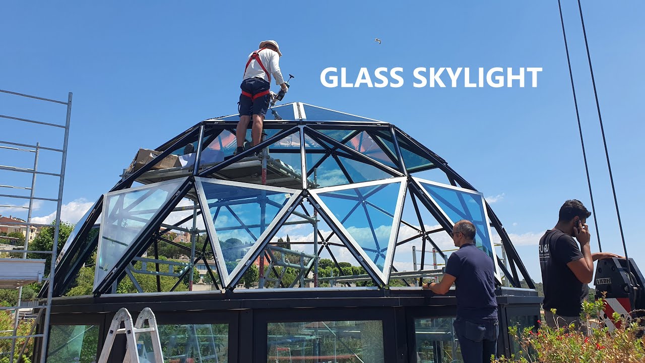 Glass Skylight Dome. Installation with a crane makes it faster. La Gaude, France. - YouTube