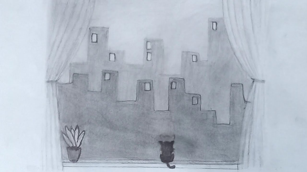 How to draw a cat sitting in front of window | Step by step ||Sketch Of ...