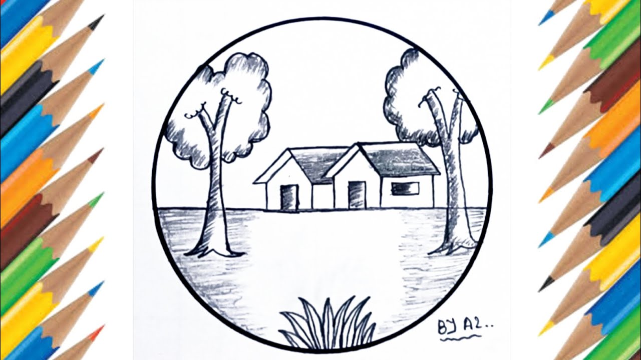 Circle scenery drawing l circle drawing l village scenery drawing l art ...