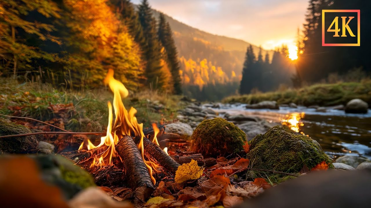 Autumn Morning Ambience 🍁🔥 Cozy Campfire by the Forest River. Relaxing ...