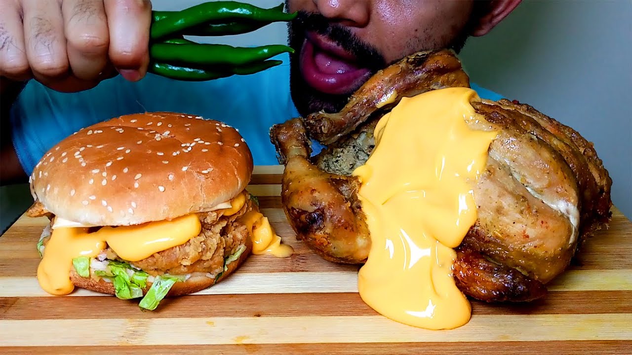 WHOLE ROTISSERIE CHICKEN || CHESSE CHICKEN BURGER EATING-MUKBANG - YouTube