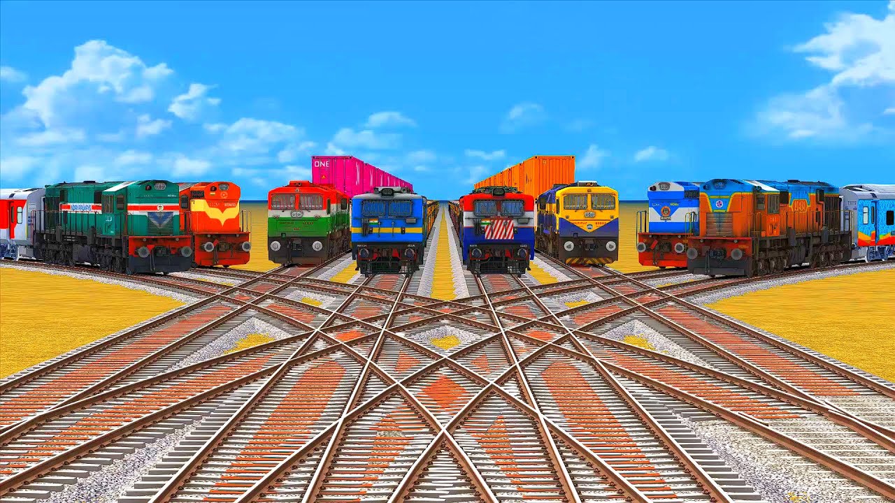 8 TRAIN CROSSING CRISS-CROSS AT SAME LINE DIAMOND RAILROAD CROSSING #39 ...