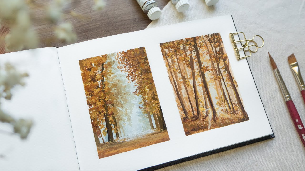 Autumn Forest Painting Tutorial | STEP BY STEP Gouache Landscape - YouTube