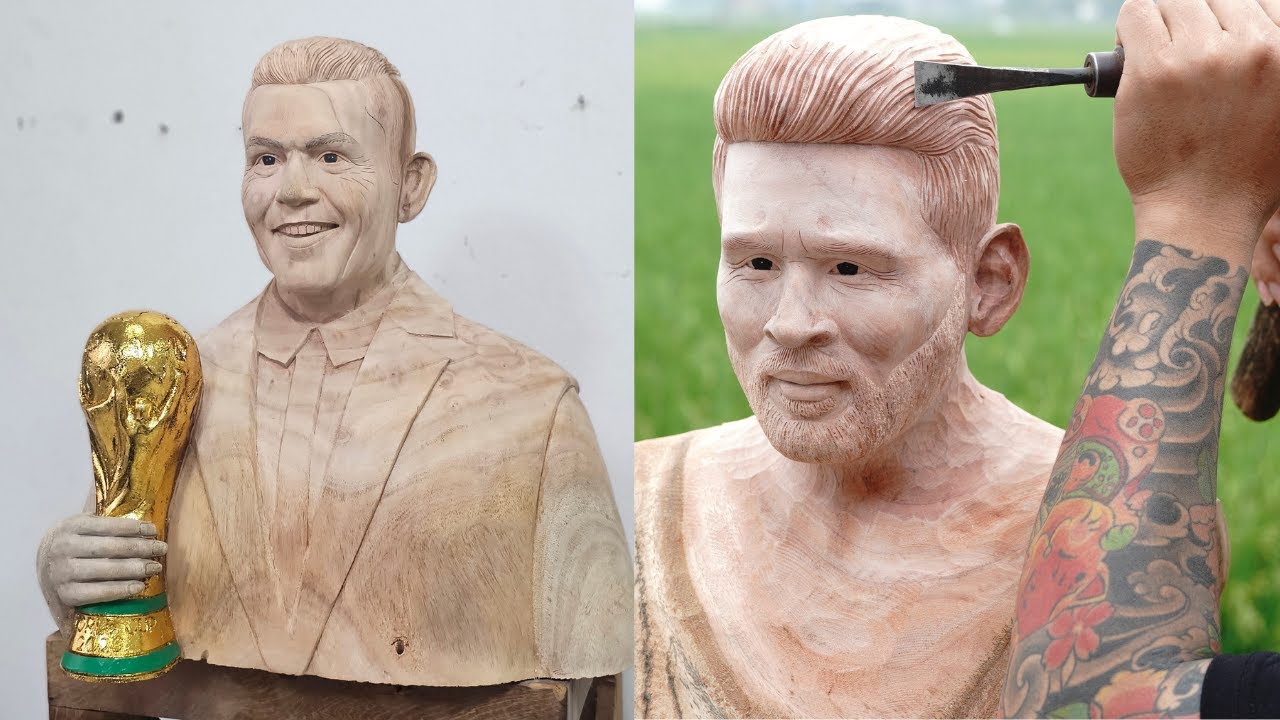 Ronaldo and Messi – wooden sculpture of football legends - YouTube
