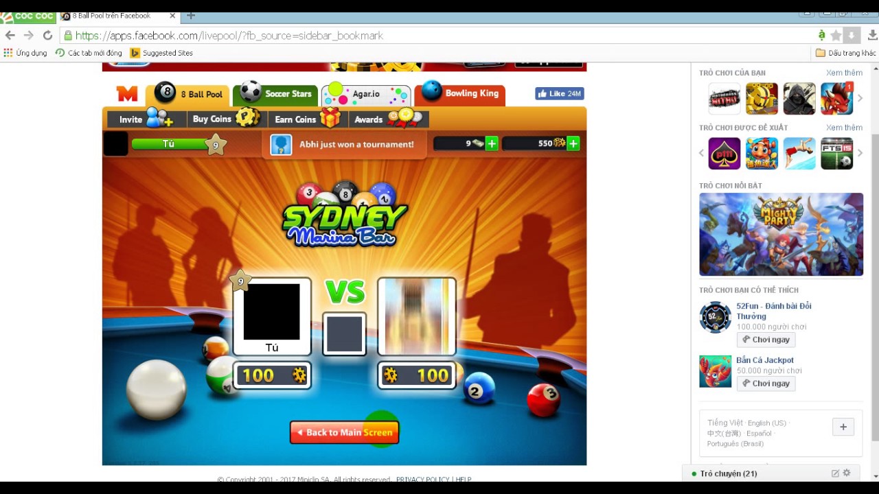 chơi game bi-a (8 Ball Pool ) trên facebook - YouTube