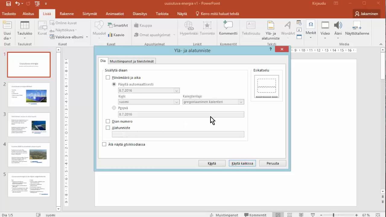 PowerPoint - ylä- ja alatunnisteen muodostaminen - YouTube