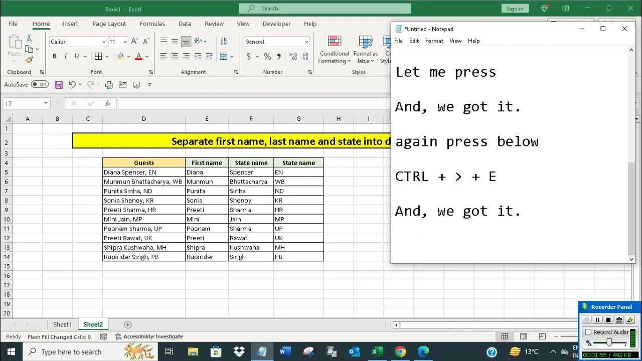 Separate first name, last name and state into different cells in Excel using Flash fill - YouTube