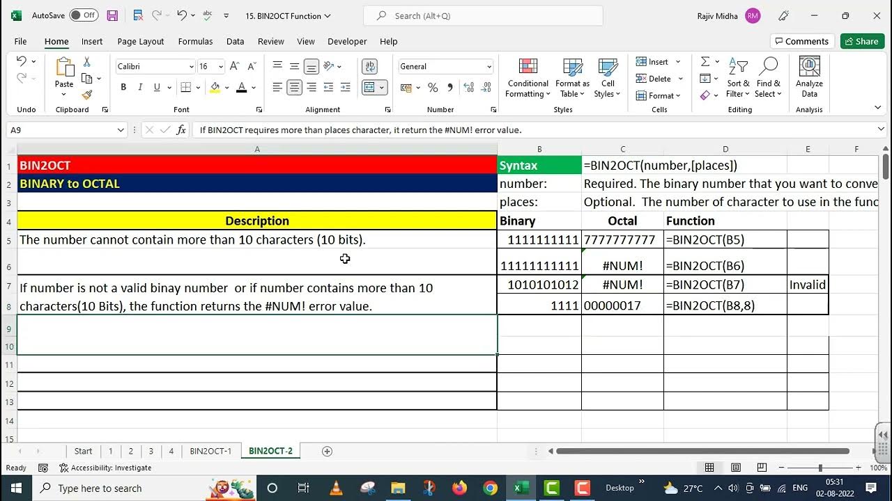 Binary to Octal BIN2OCT Function - YouTube