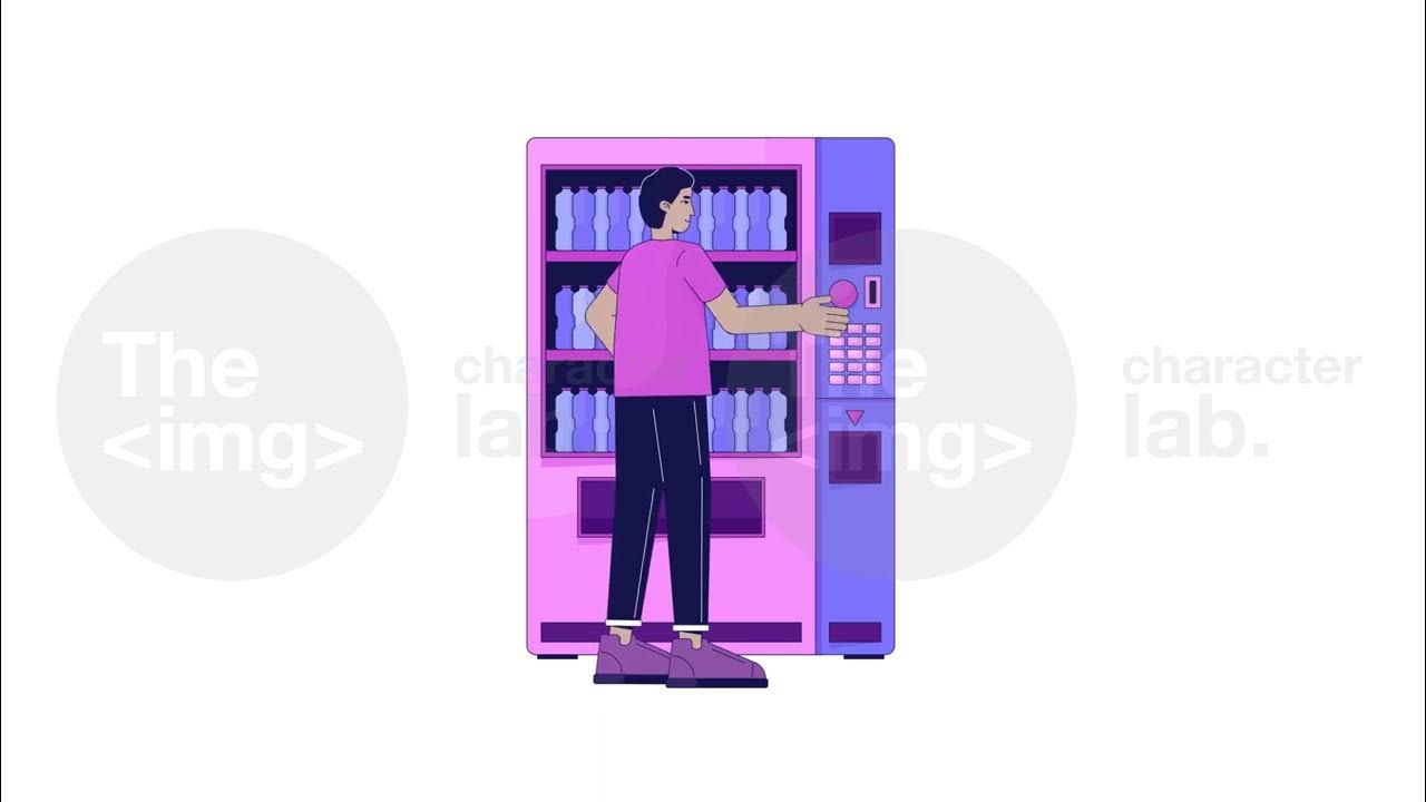 Indian man buying beverage vending machine line 2D character animation ...