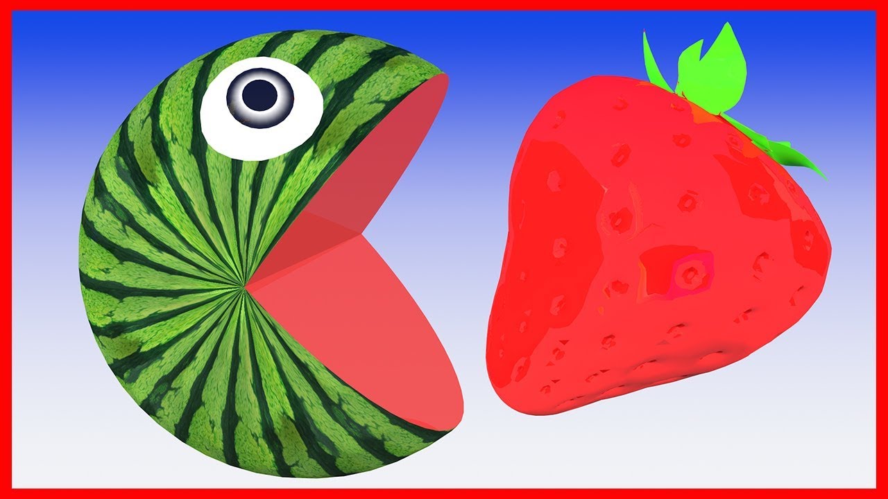 Pacman Watermelon with as He Finds Strawberry Fruits and as Rolling on ...