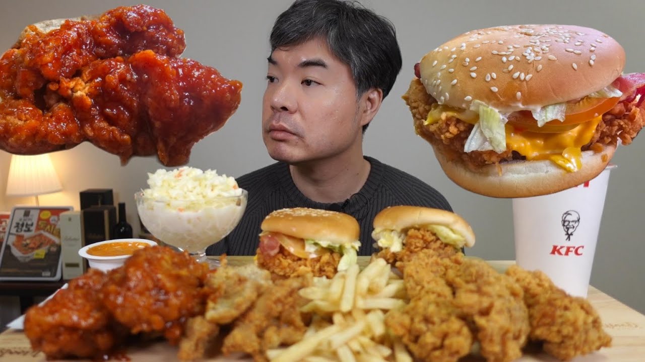 KFC 먹방! 징거버거 징거BLT버거 닭껍질튀김 켄터키통다리순살치킨 갓양념블랙라벨치킨 먹방! KFC CHICKEN ...