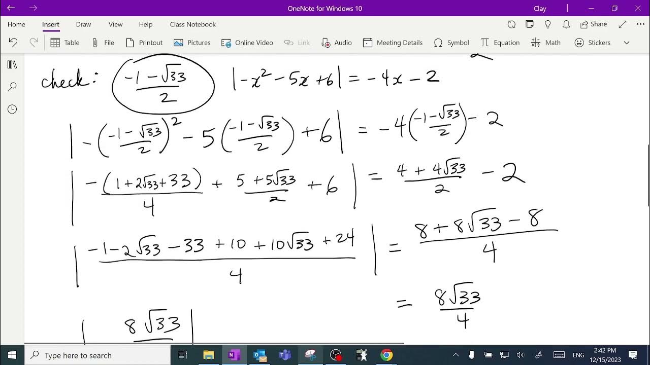MPC30S Absolute Value equations with Quadratics: Checking for Extraneous values - YouTube