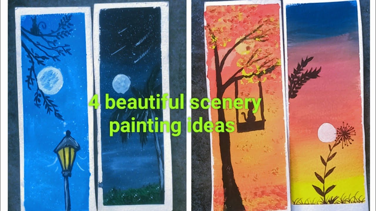 4type of scenary drawing with poster colour||easy scenary painting idea ...