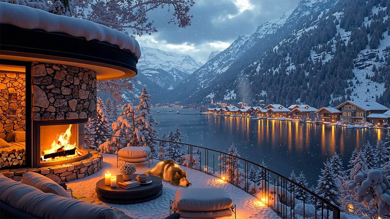 Relaxing Smooth Jazz on a Cozy Terrace | Winter Night Ambience with ...