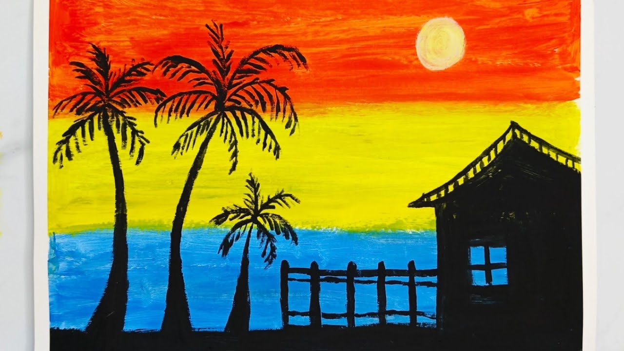 Poster Colour Painting/Sunset landscape Scenery Painting, - YouTube