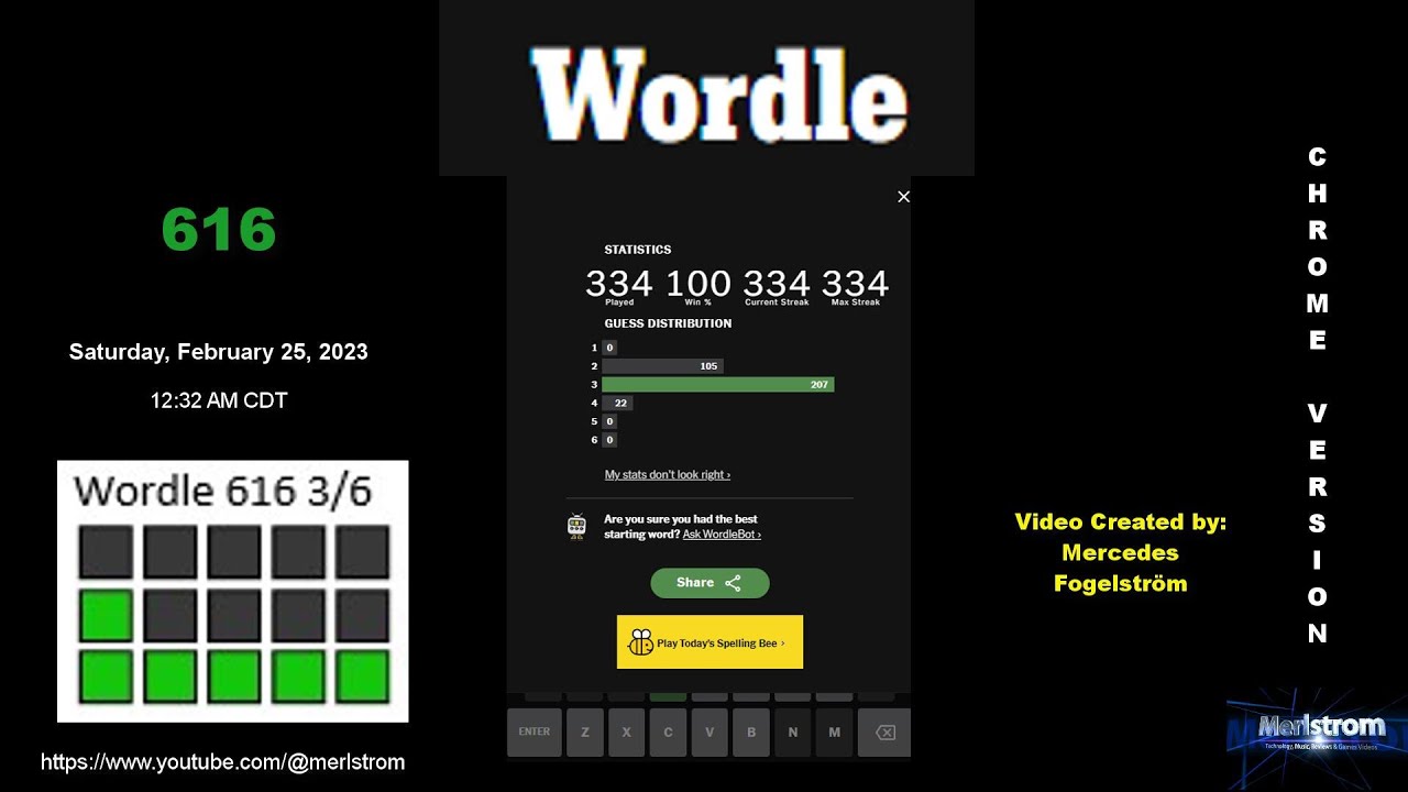 WORDLE ⫸ 616 ⫷ Saturday, February 25, 2023 @ 12:32 AM CDT 3/6 ⫸ Chrome Browser Version ⫷ - YouTube