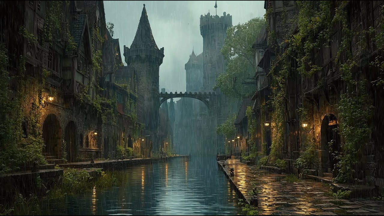 🌧 Gothic Medieval Town in Heavy Rain | Castle & Riverside Ambience for ...