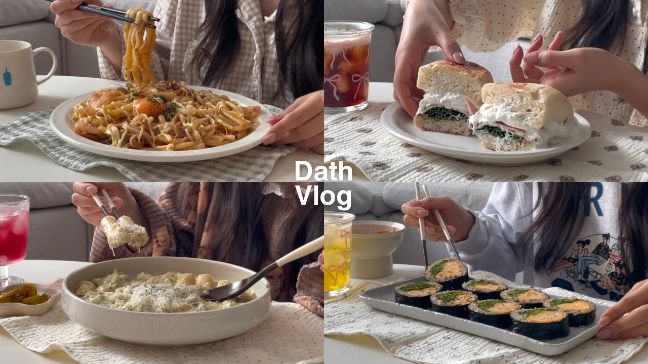 Vlog︱꾸덕한 버섯크림파스타 해먹고🍝 루꼴라김밥 대패삼겹볶음우동 만들기 부라타치즈 플렉스해서 샌드위치 만드는 주부 일상