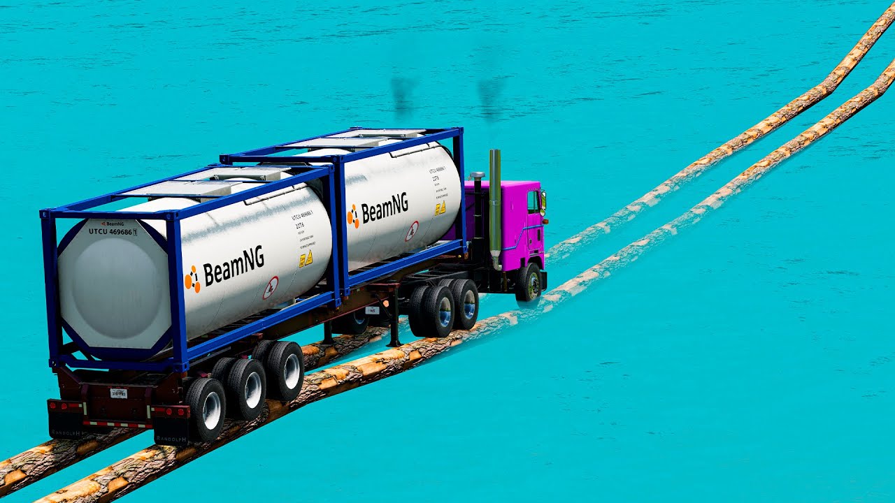 Tank Trailer Truck vs Impossible Log Road Bridge Crossing Cars Vs Deep ...