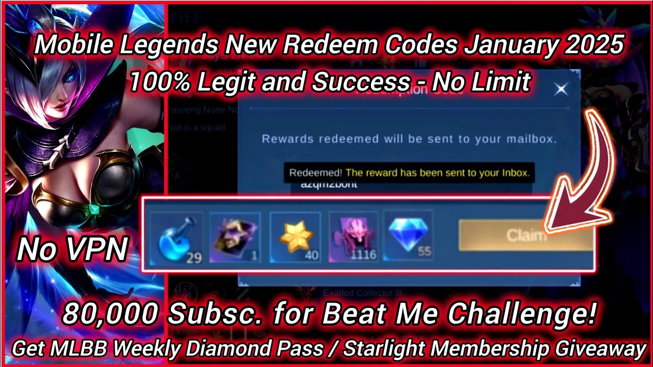 No Limit Mobile Legends New Redeem Codes January 23 2025 - 80KSubsc.Weekly Dias pass Starlight ...