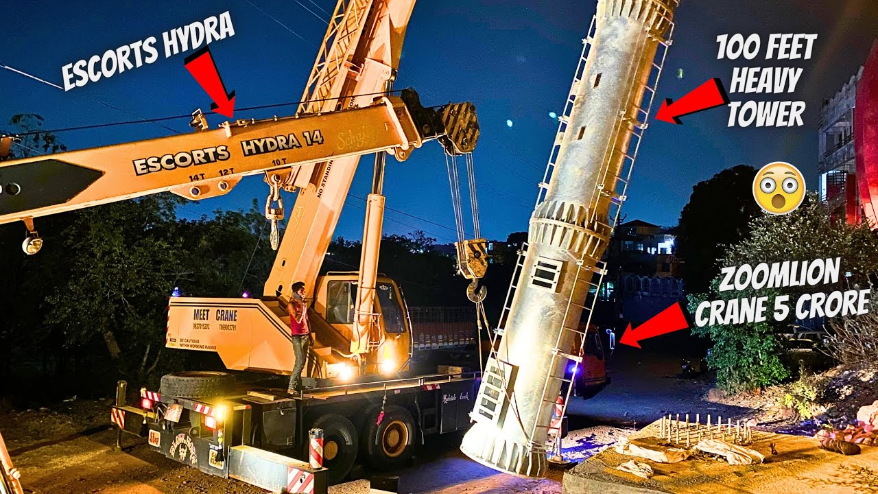 Escorts hydra 14 and zoomlion mobile crane lifting and placing 100 feet long tower - YouTube