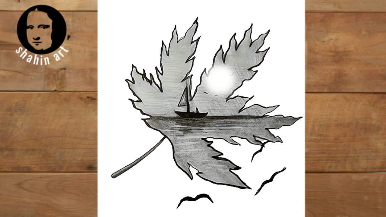 Landscape Drawing on a Leaf | How to Draw a simple Landscape - Creative ...