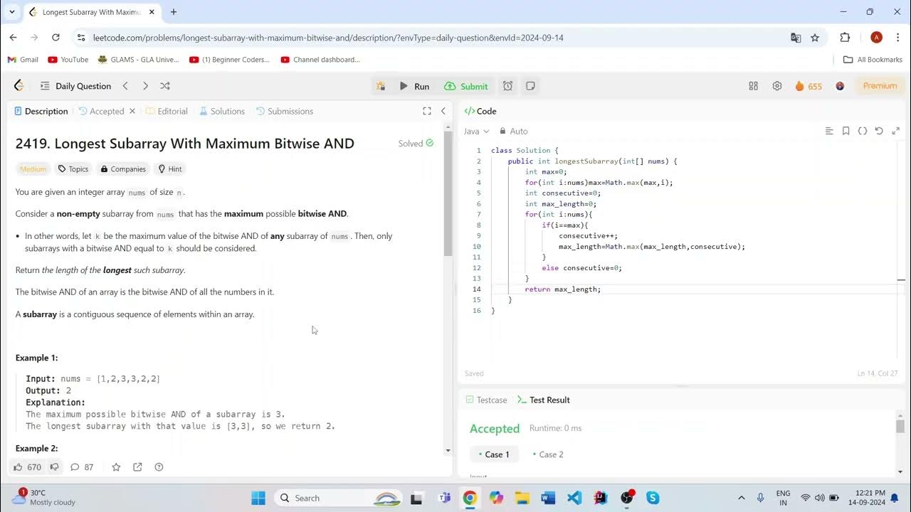 2419. Longest Subarray With Maximum Bitwise AND | Leetcode | POTD - YouTube