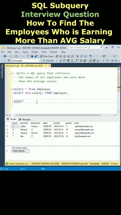 SQL interview questions subquery who is earning more than avg salary #sqlserver - YouTube