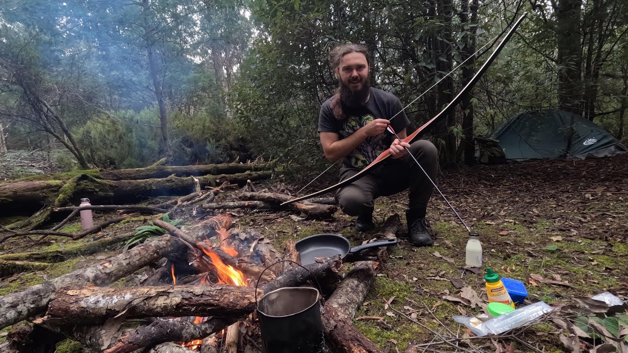 Solo Camping in Tasmanian Bush. Bow Shooting, Campfire Cooking and ...