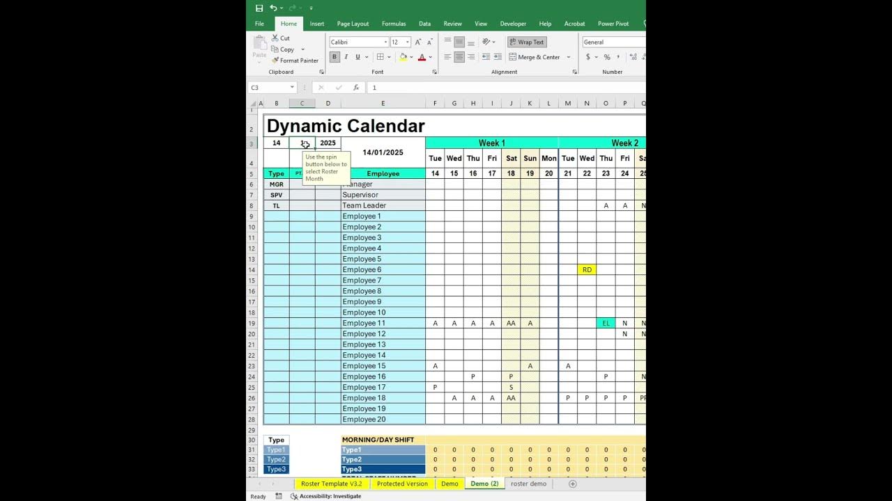 Create a Dynamic Calendar in Excel Roster Schedule Template #excel #roster #exceltips # ...