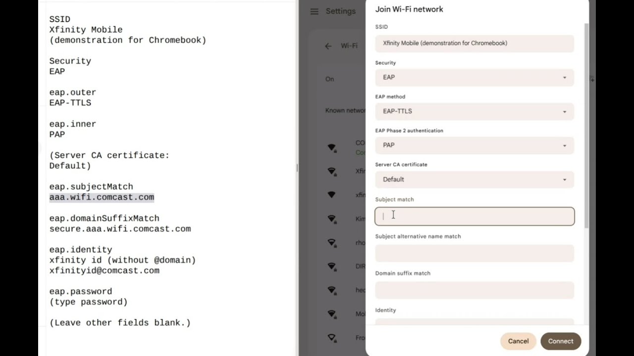 Connect Chromebook wifi to Xfinity Mobile Hotspot 2.0 EAP TTLS PAP ...
