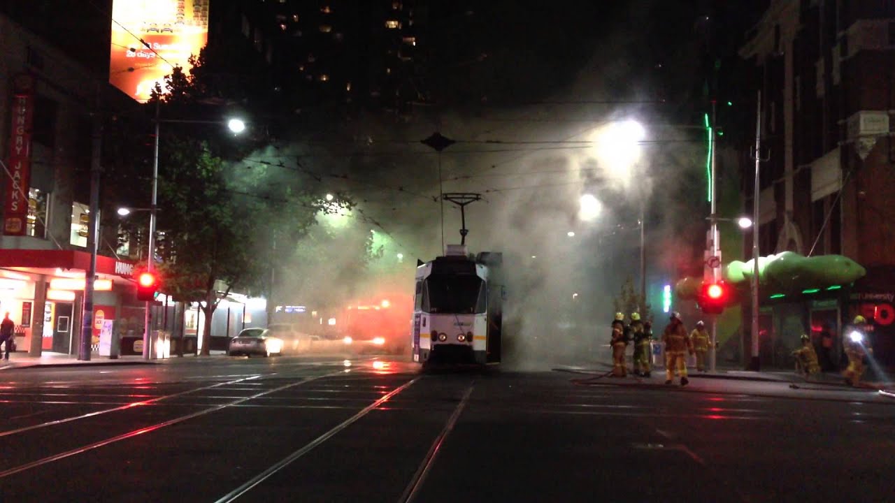 Tram on fire, corner of Swanston & La Trobe Street, Melbourne CBD 30/01 ...