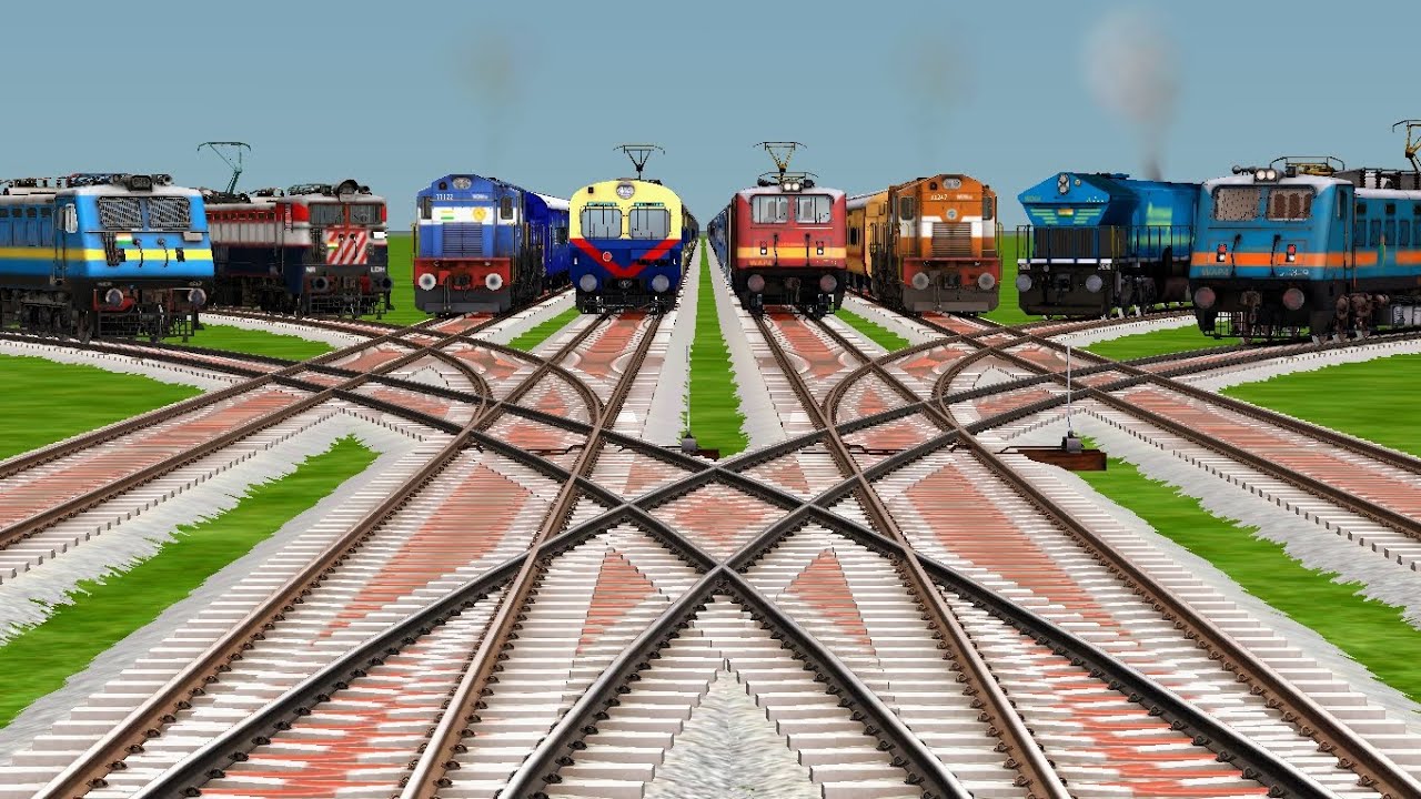 8 Trains Crossing By Diamond Railroad Crossings Track | Train Game 3d ...