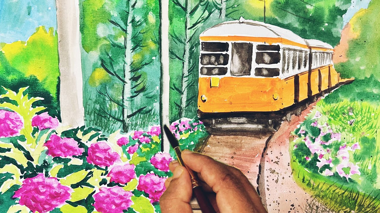 Watercolour landscape painting | Train crossing Garden path ...