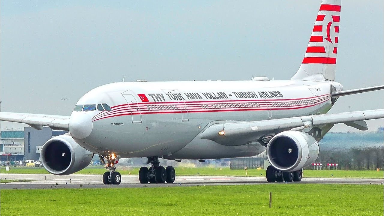 (4K) GREAT looking RETRO livery - Turkish airlines A330 landing & take ...