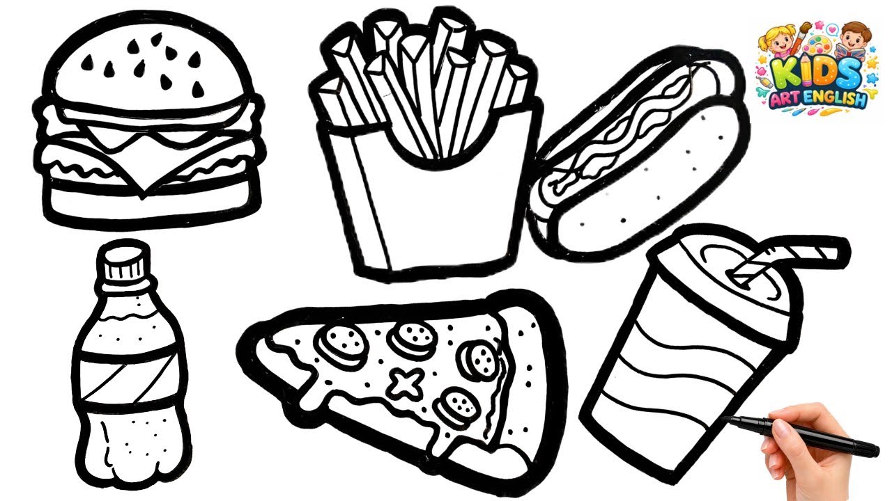 Easy Fast Food Drawing for Kids Step by Step | Burger Fries Pizza ...