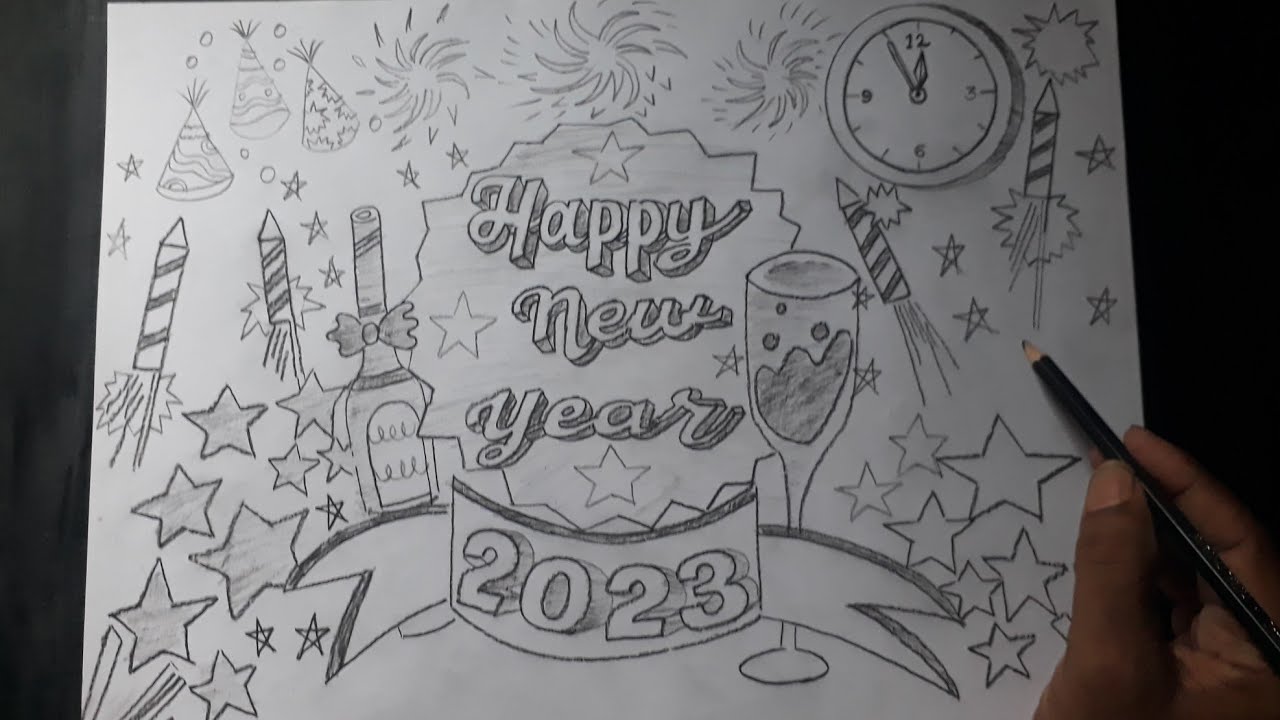 Happy New Year Drawing Easy | How To Draw New Year Drawing Step By Step ...