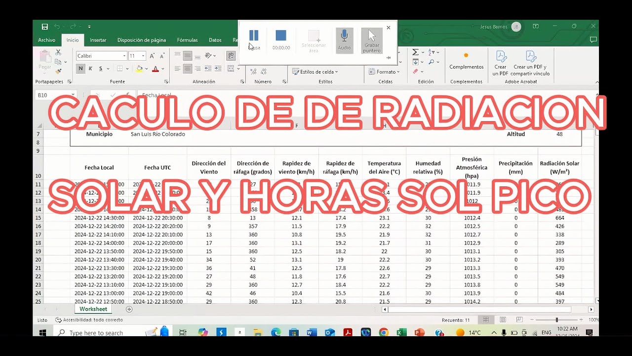 CALCULO DE HORAS SOL PICO Y RADIACION SOLAR EN EXCEL - YouTube
