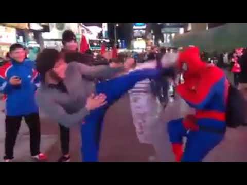 Akhmat MMA fighter Khusein Khaliev from Russia vs  Spider Man in the streets of New York