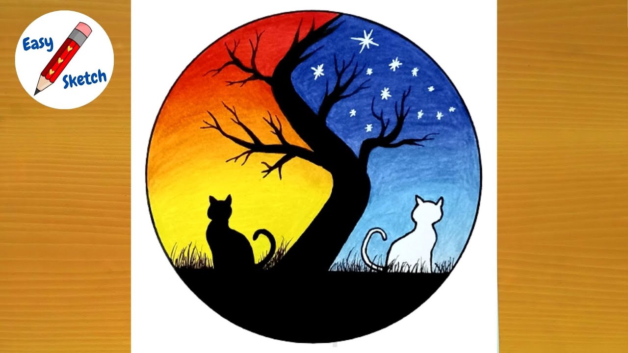 How To Draw: Day and Night Colored Landscape Cats - YouTube