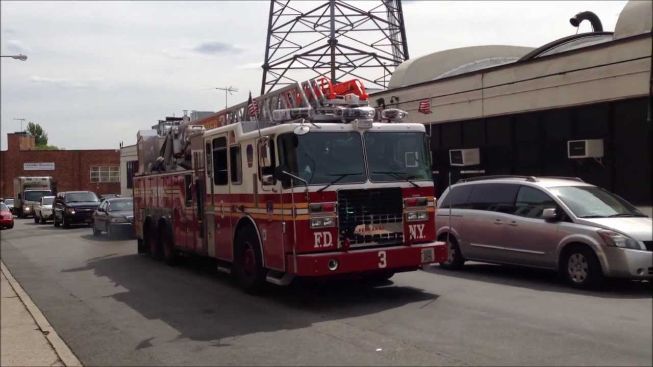 FDNY LADDER 3 LEAVING FDNY FLEET SERVICES DEPOT IN QUEENS, NEW YORK ...
