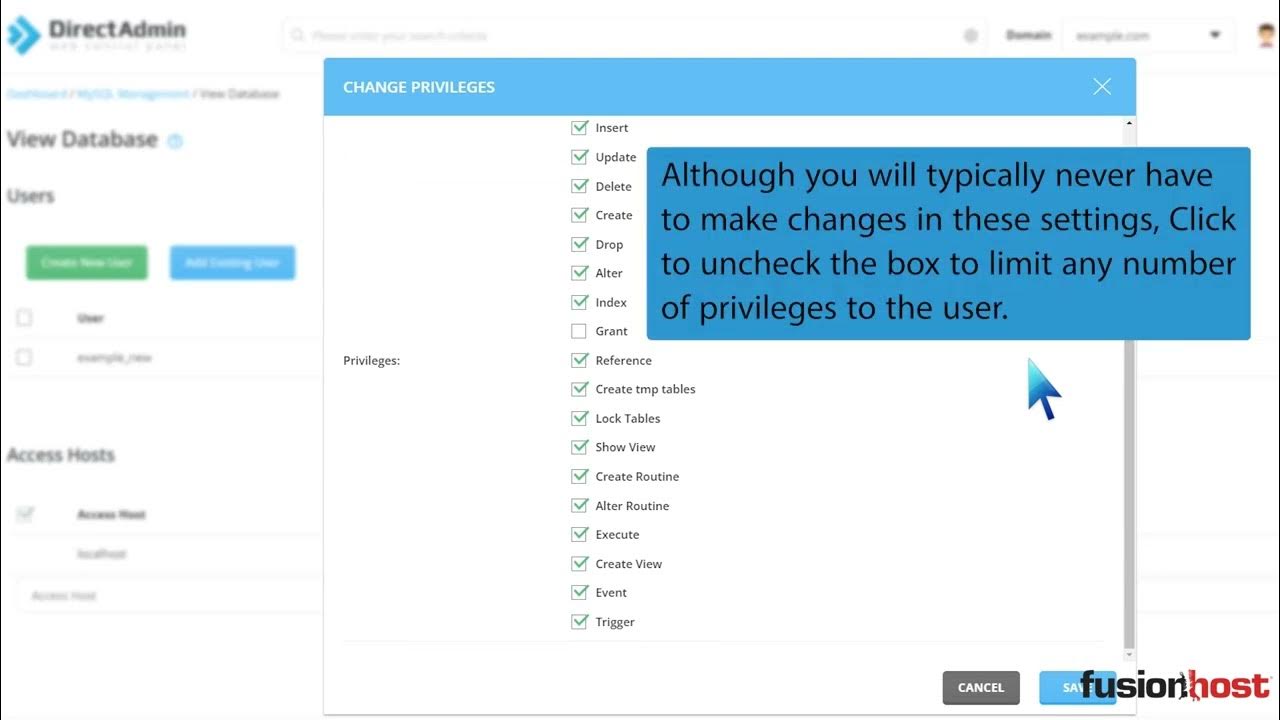How to modify database user privileges in DirectAdmin Fusionhost - YouTube