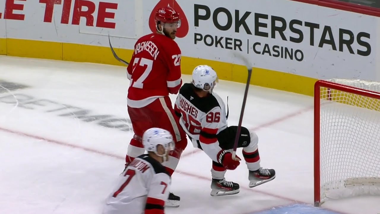 Michael Rasmussen Taunts Jack Hughes After Scoring Empty Net Goal - YouTube