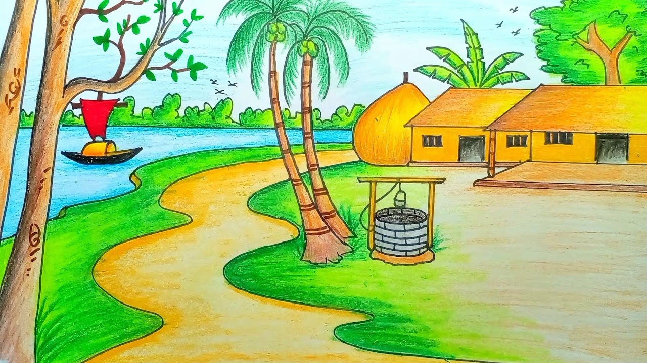 গ্রামের দৃশ্য আঁকা | Gramer drisso | প্রাকৃতিক দৃশ্য আঁকা | দৃশ্য আঁকা ...