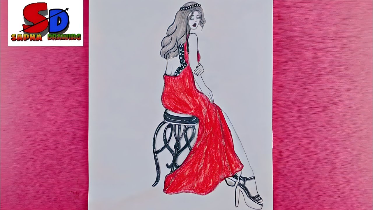 how to draw a beautiful girl - Drawing easy | colour penting dress ...