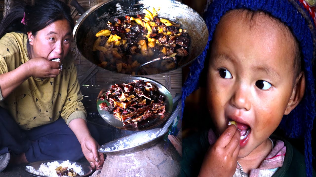 Mix curry buff dry meat, potato and rice at meal || Himalaya Nepal ...