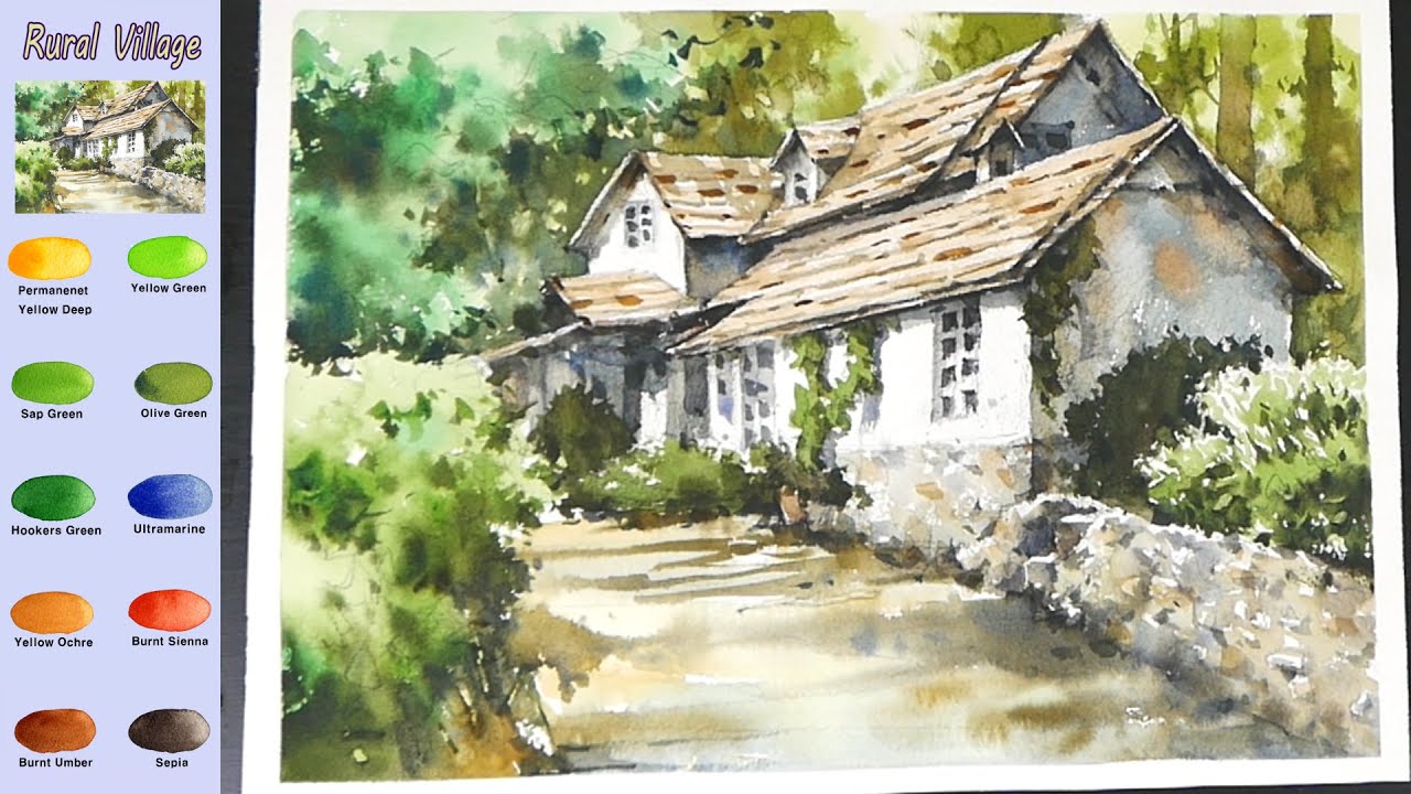 Landscape Watercolor - Rural Village (sketch & color name, watercolor ...