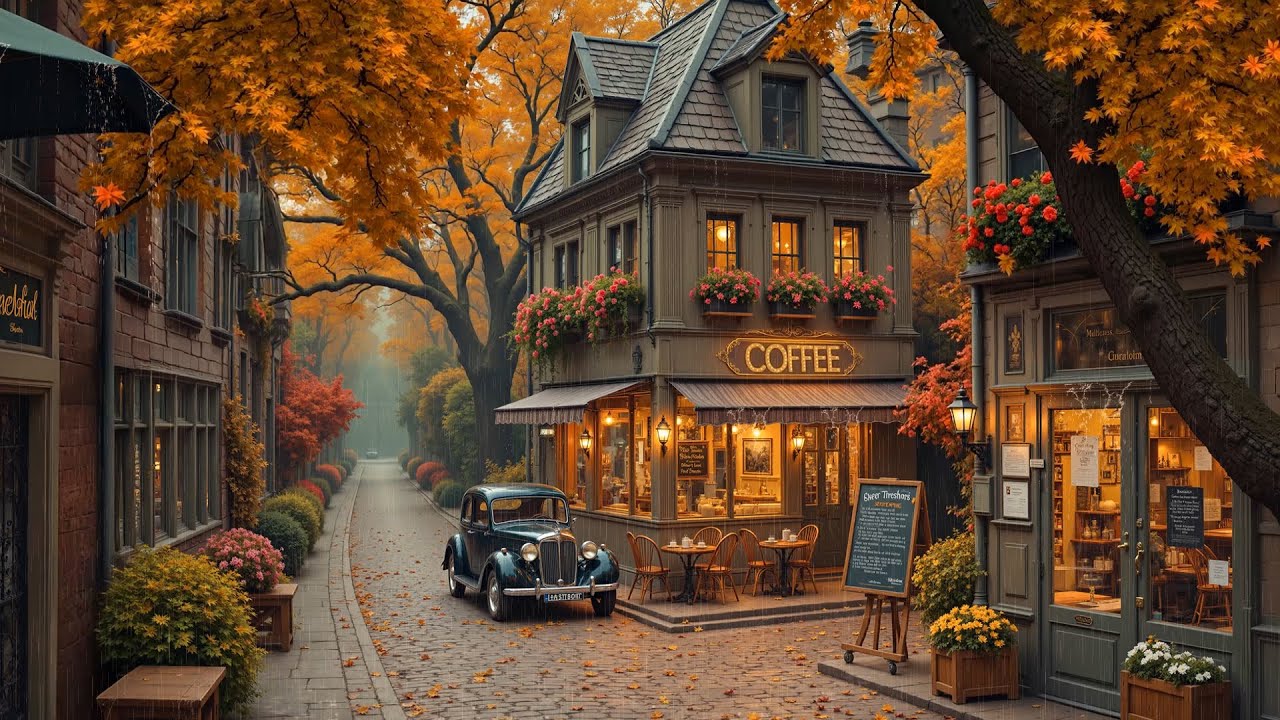 Morning Autumn Jazz in a Cozy Outdoor Café 🍂 Rainy Day with Warm Jazz Music for Unwind ...